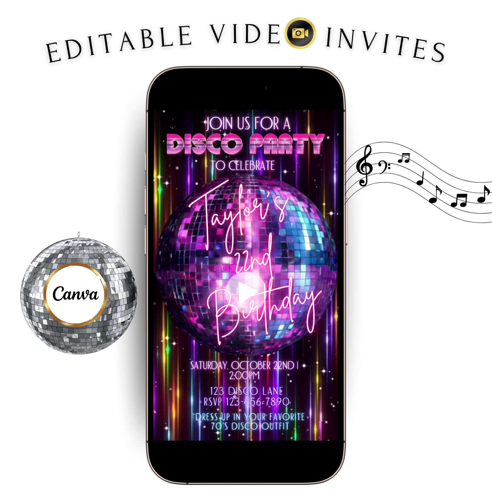 Disco Video Invitation | Animated Disco Ball invite | Digital Canva Te