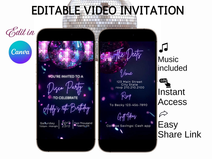 Editable Euphoria Disco Birthday Invitation – Canva Template