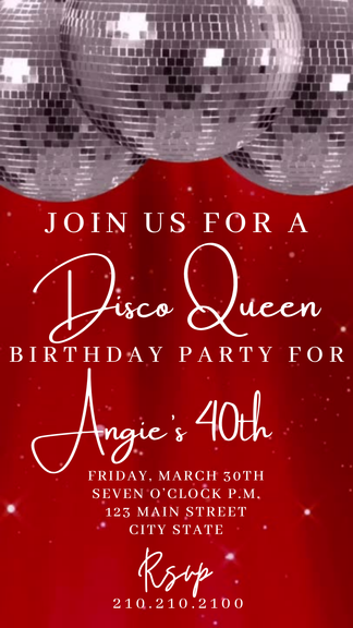 Red Disco Ball Video Invitation | Digital Disco Invite | Editable Canv